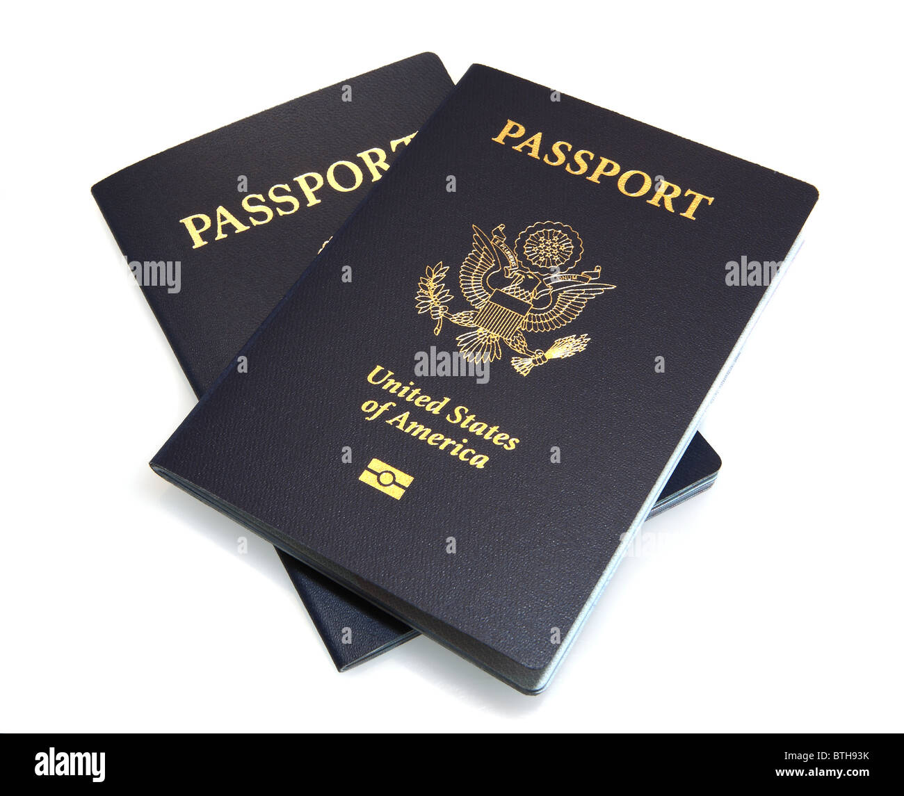 United States dark blue Passports arranged on an isolated white ...