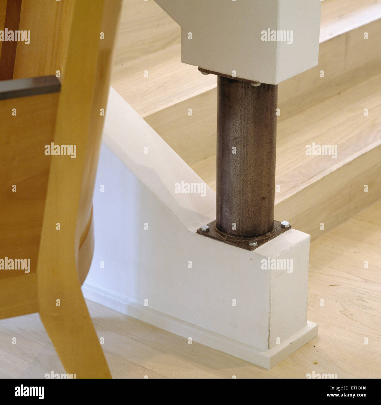 Close-up of modern staircase with wood treads and iron pillar Stock ...
