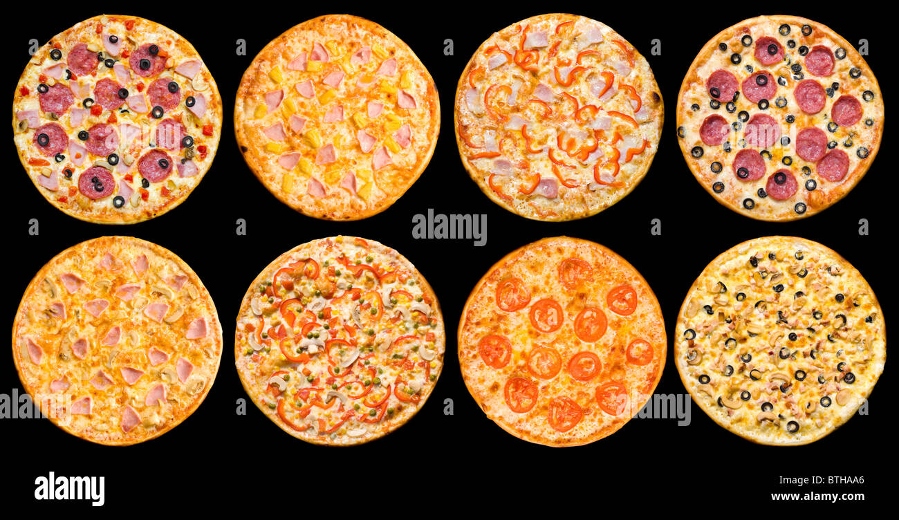 eight different pizzas in one set, isolated on black, top view Stock ...