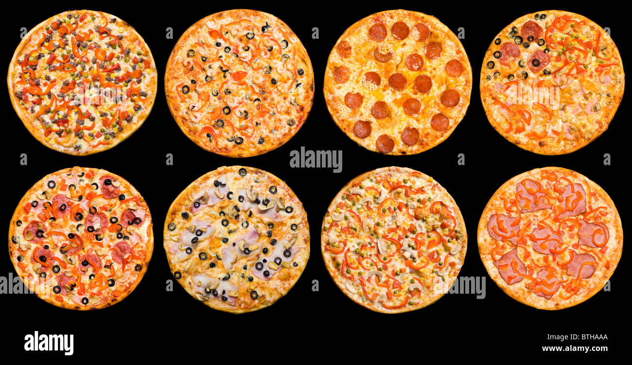 eight different pizzas in one set, isolated on black, top view Stock ...