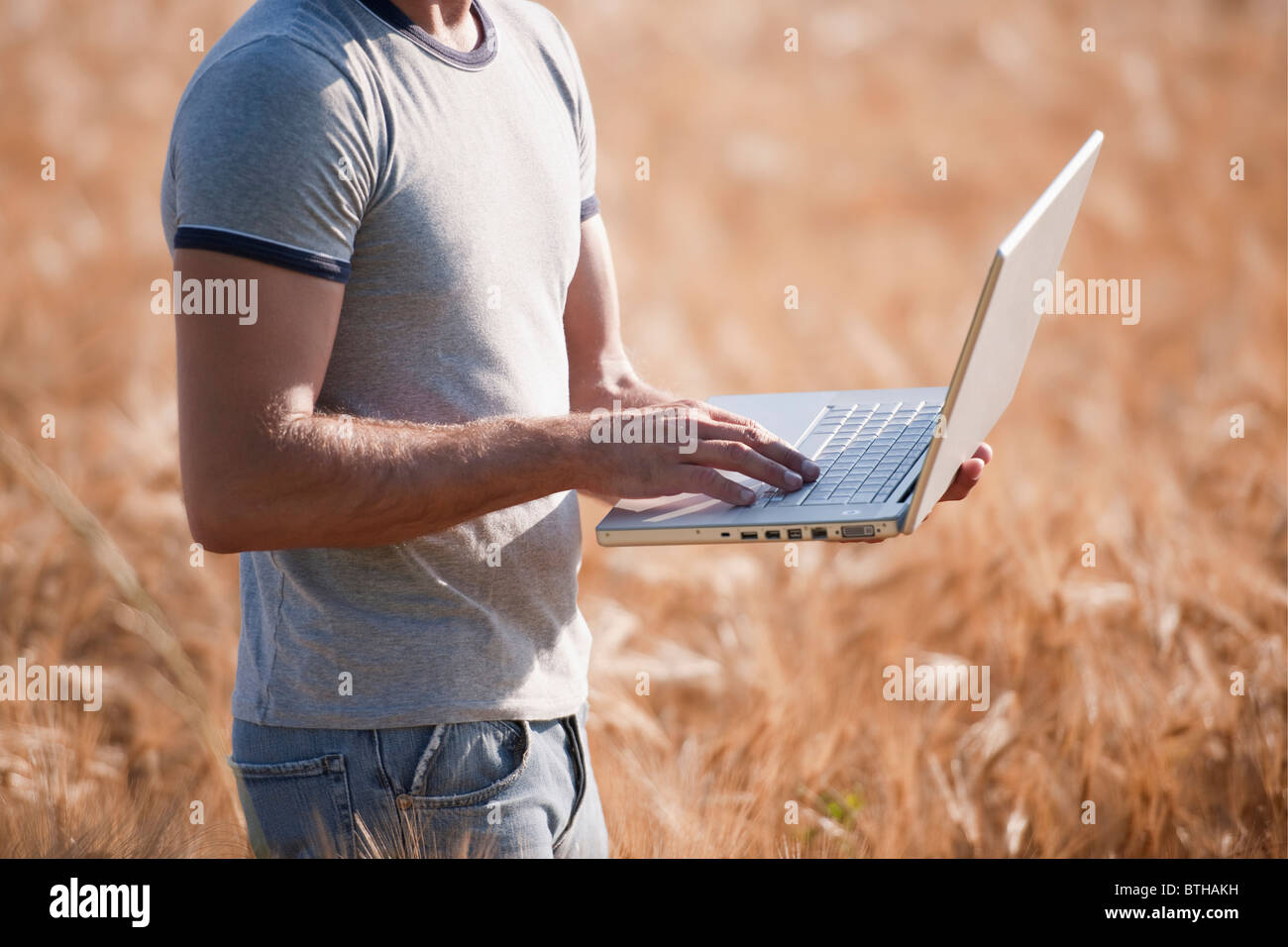 Man's torso with laptop computer in wheat field Stock Photo - Alamy