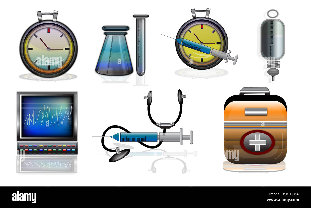 Collage of different medical equipments isolated on white background ...