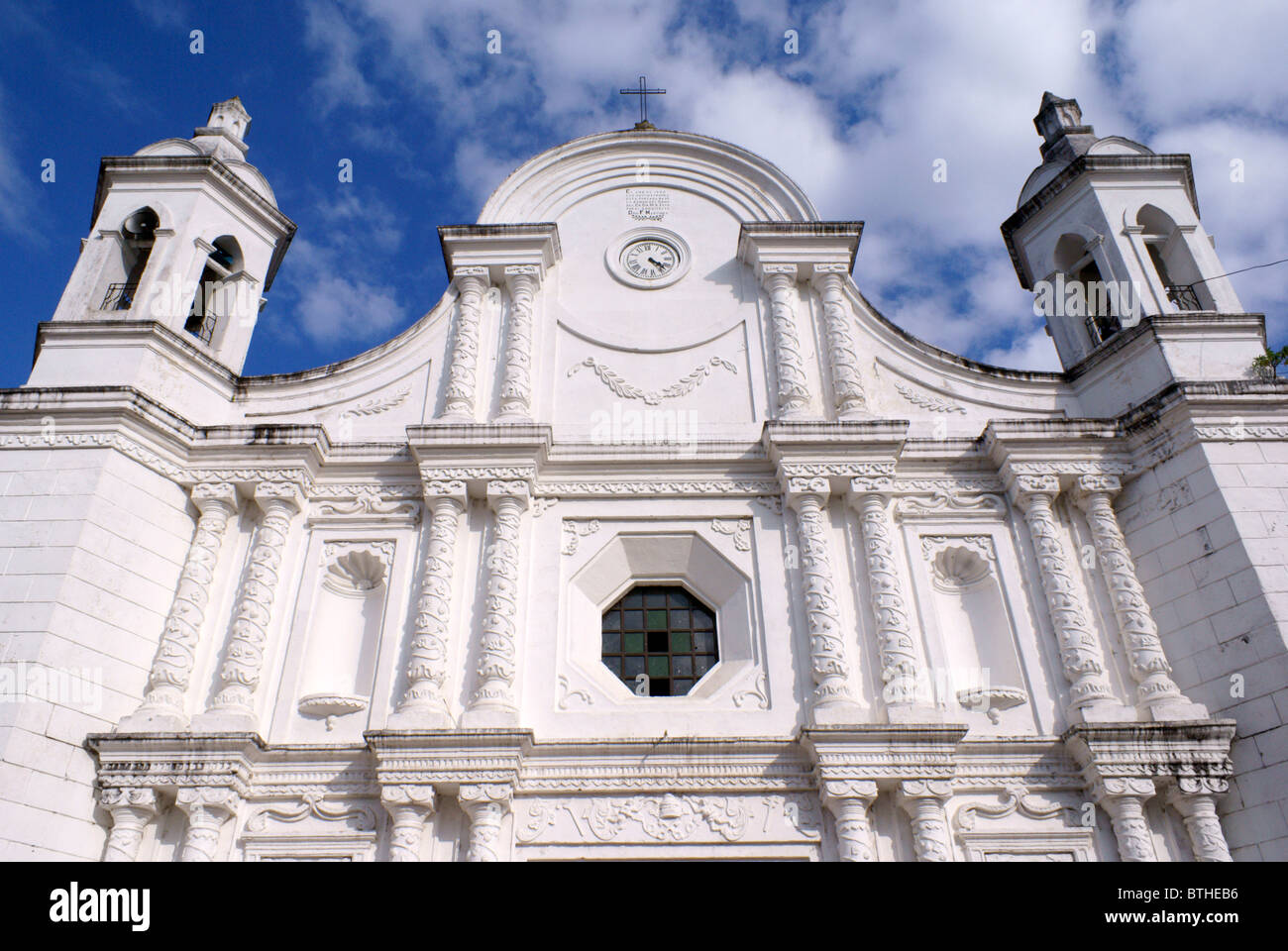 White facade of baroque style Spanish colonial cathedral facing the ...