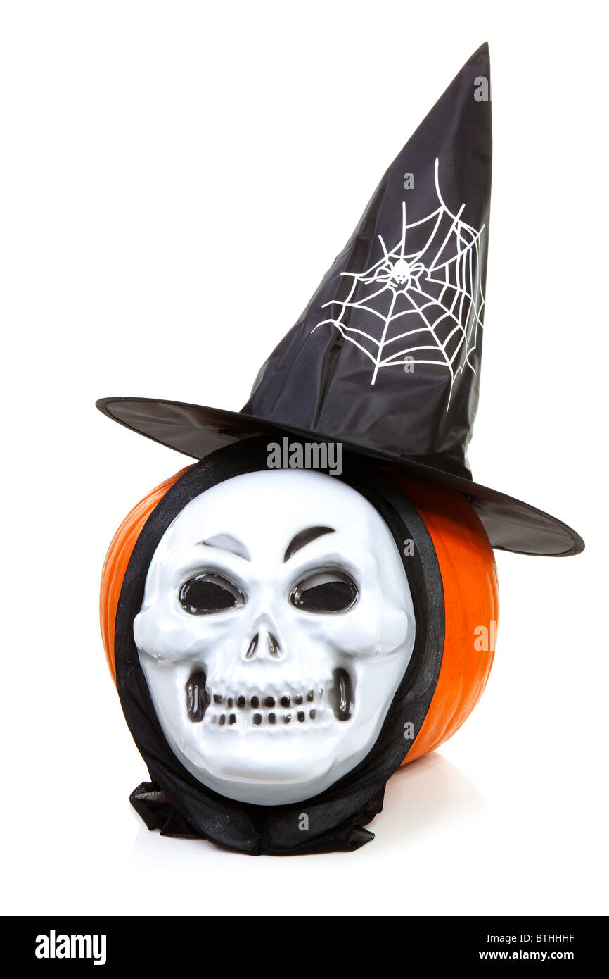 pumpkin with witch hat and scary mask over white background Stock Photo ...