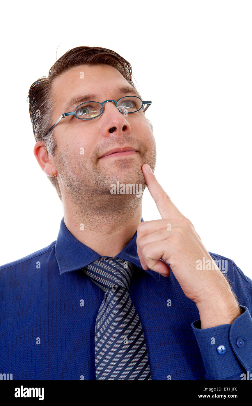 portrait of male nerdy geek thinking over white background Stock Photo ...