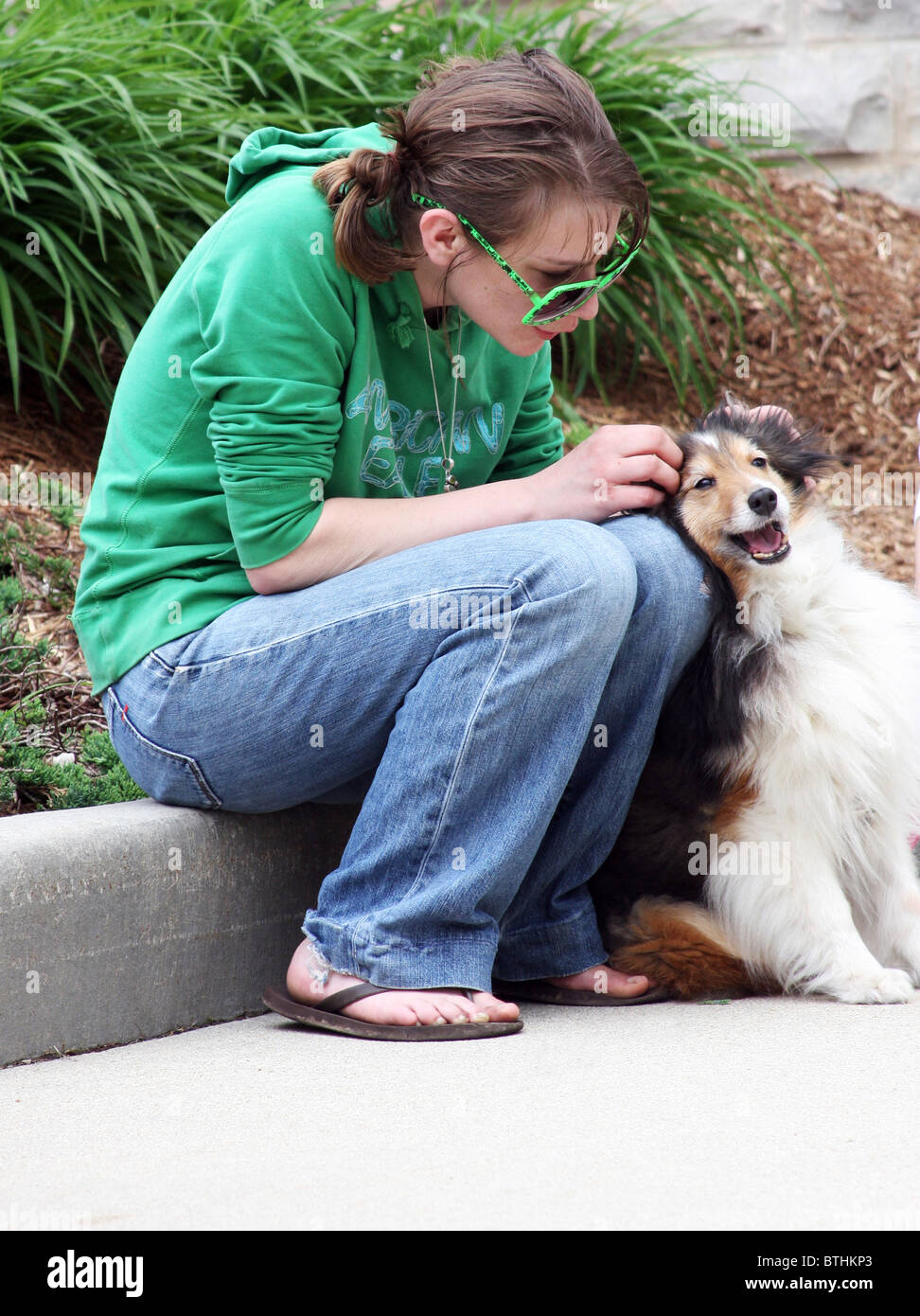 A teenage girl rubbing the ears of a puppy looking very content Stock ...