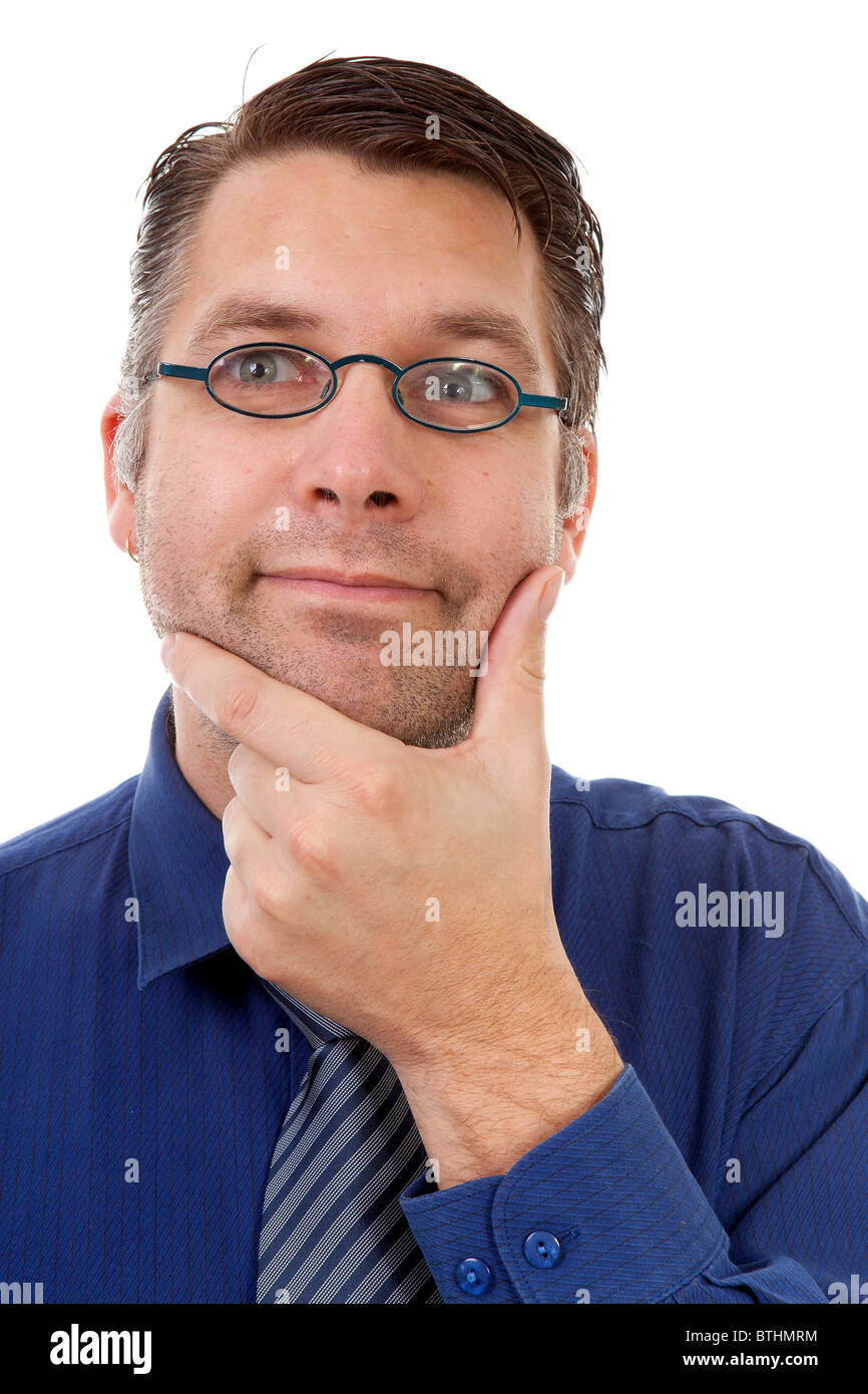 portrait of male nerdy geek thinking over white background Stock Photo ...