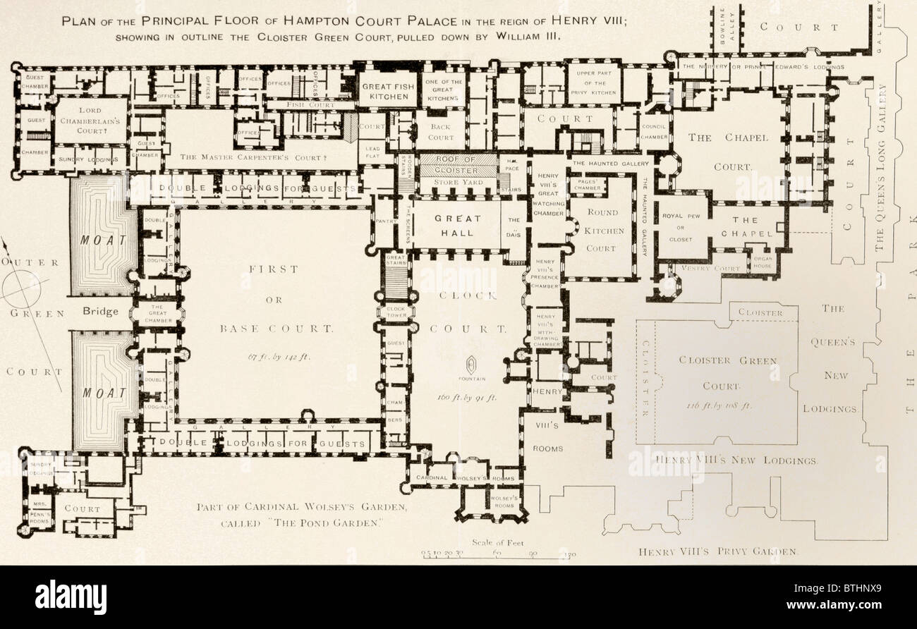 Plan of principal floor of Hampton Court Palace as it was during reign ...