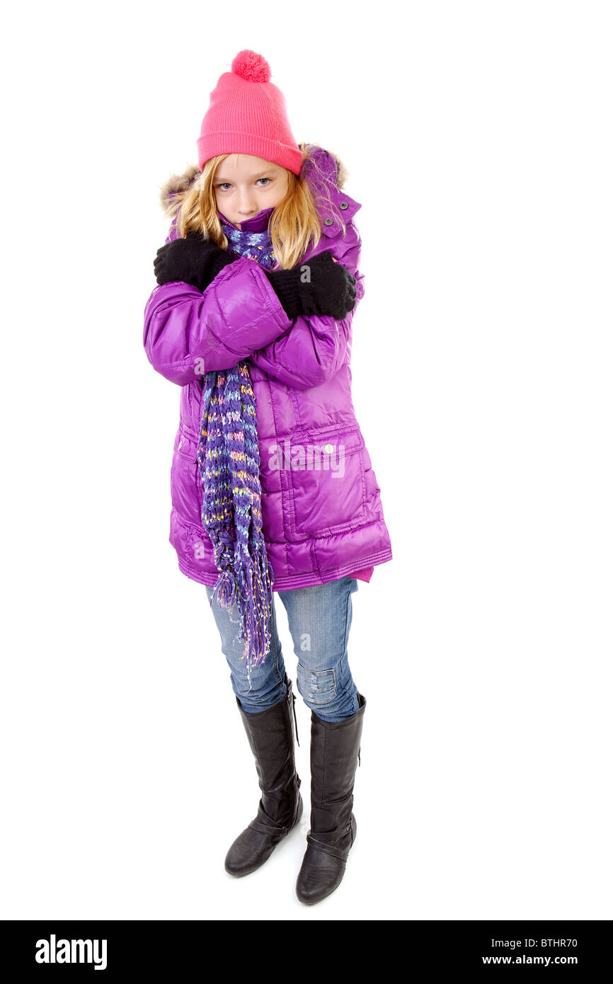 young girl in winter outfit heaving cold over white background Stock ...