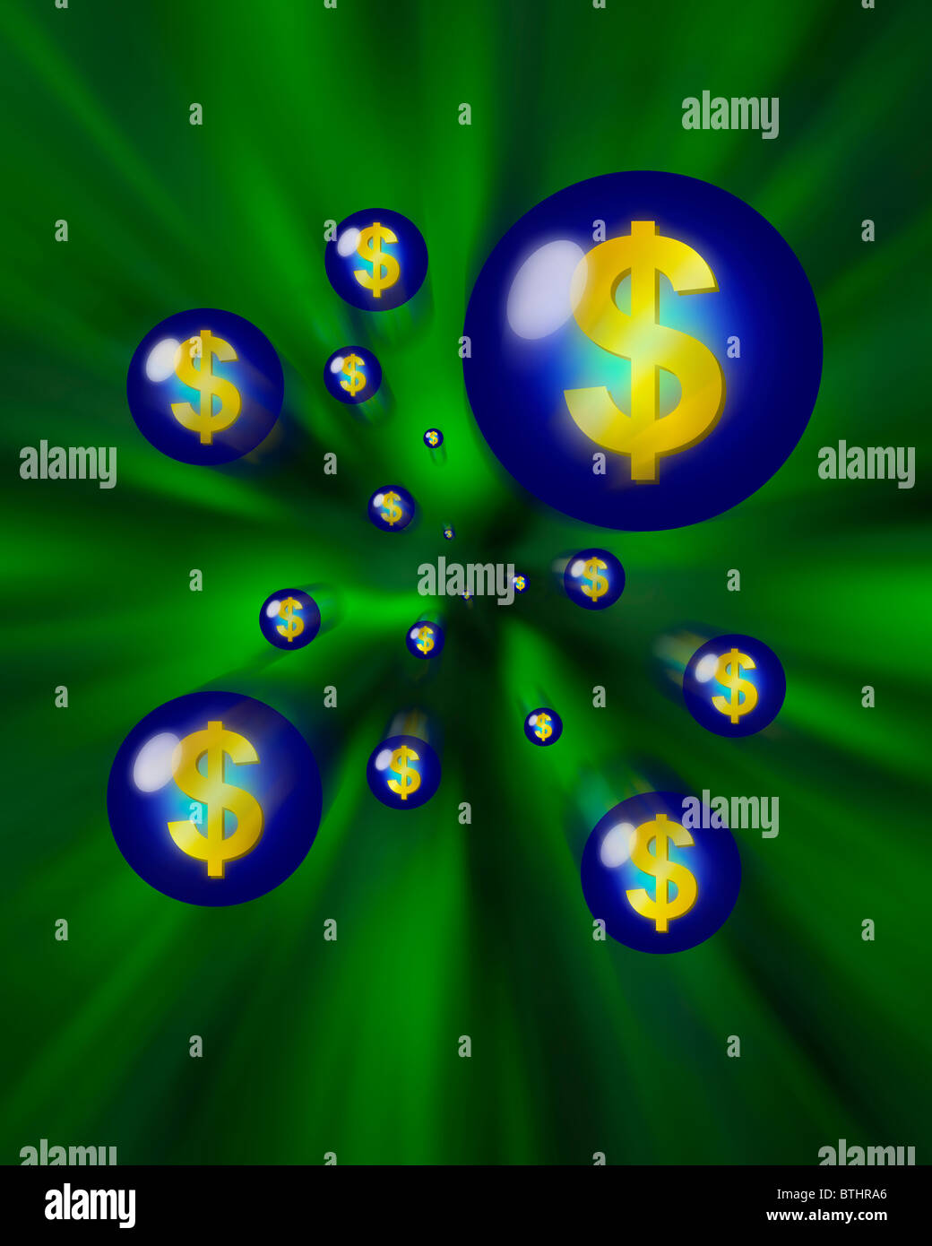 Dollar signs in orbs flying through a vortex Stock Photo - Alamy