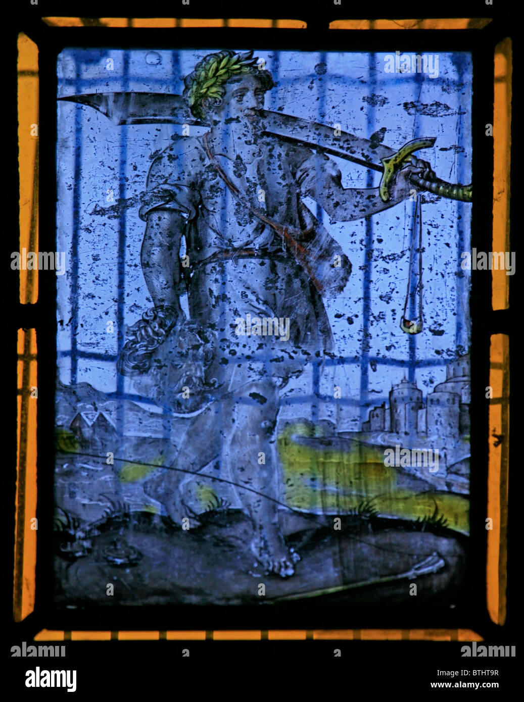 A Stained glass window depicting David holding the head of Goliath ...
