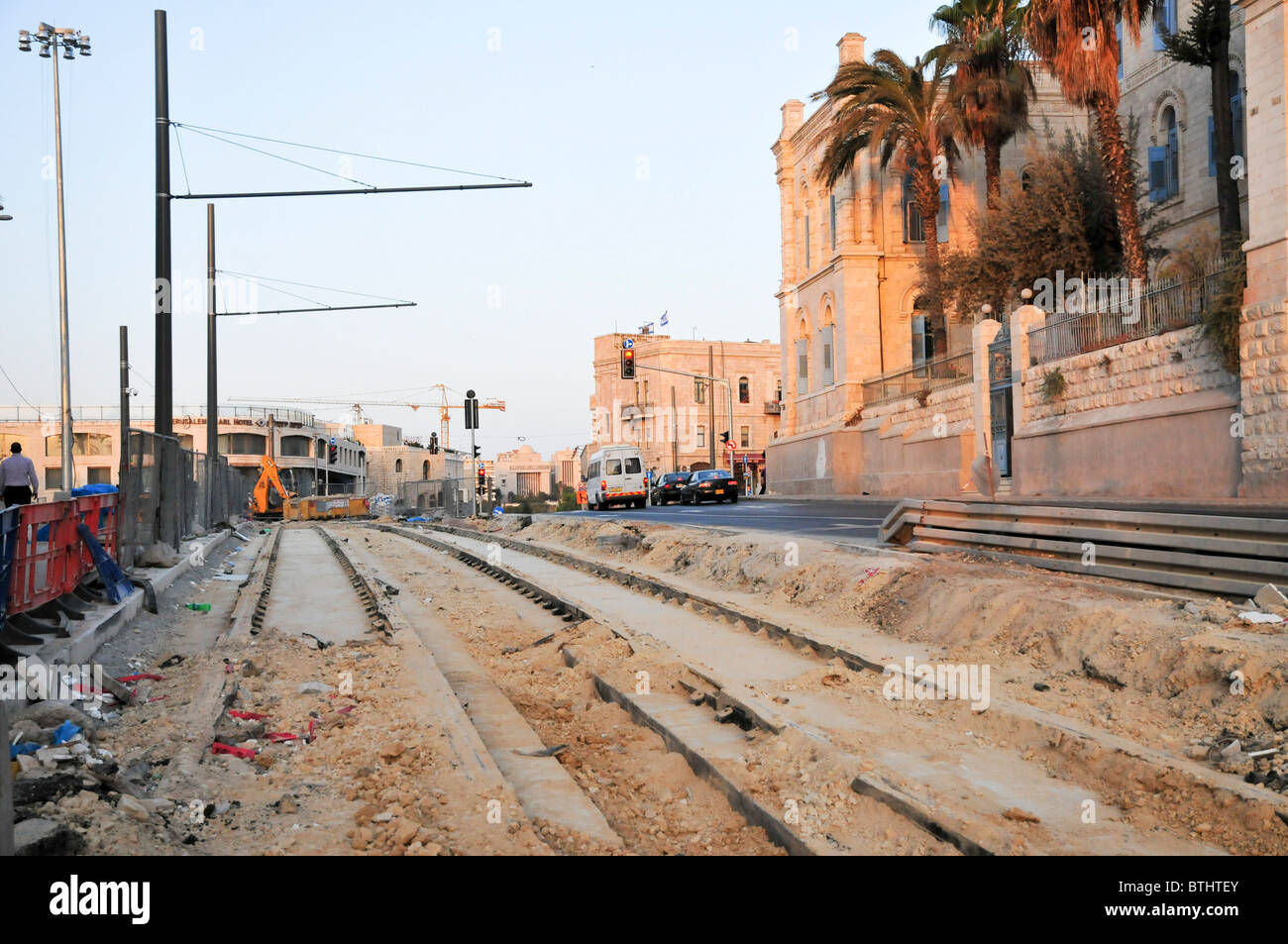 Israel, Jerusalem, Construction of the public train transport system in ...