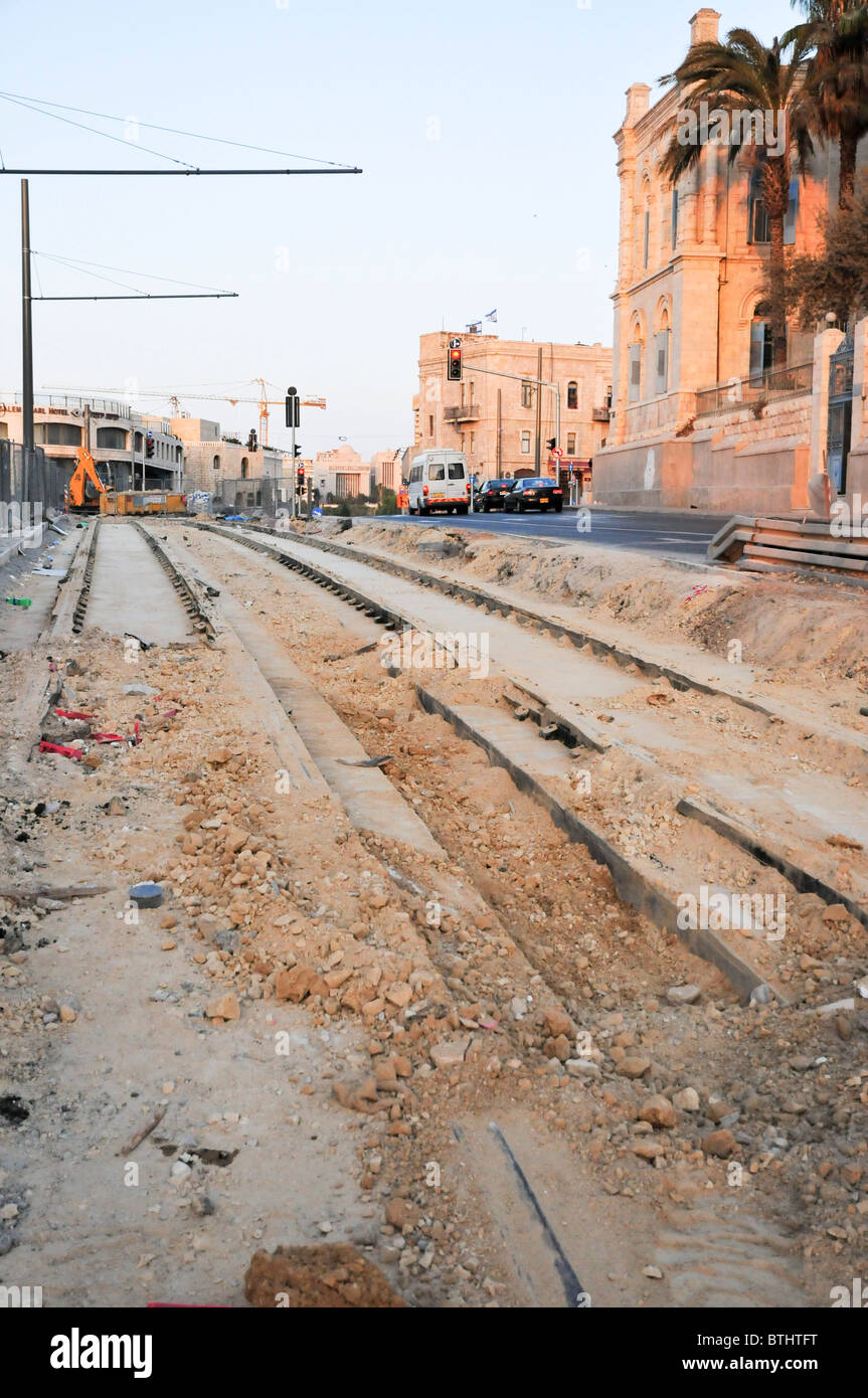 Israel, Jerusalem, Construction of the public train transport system in ...