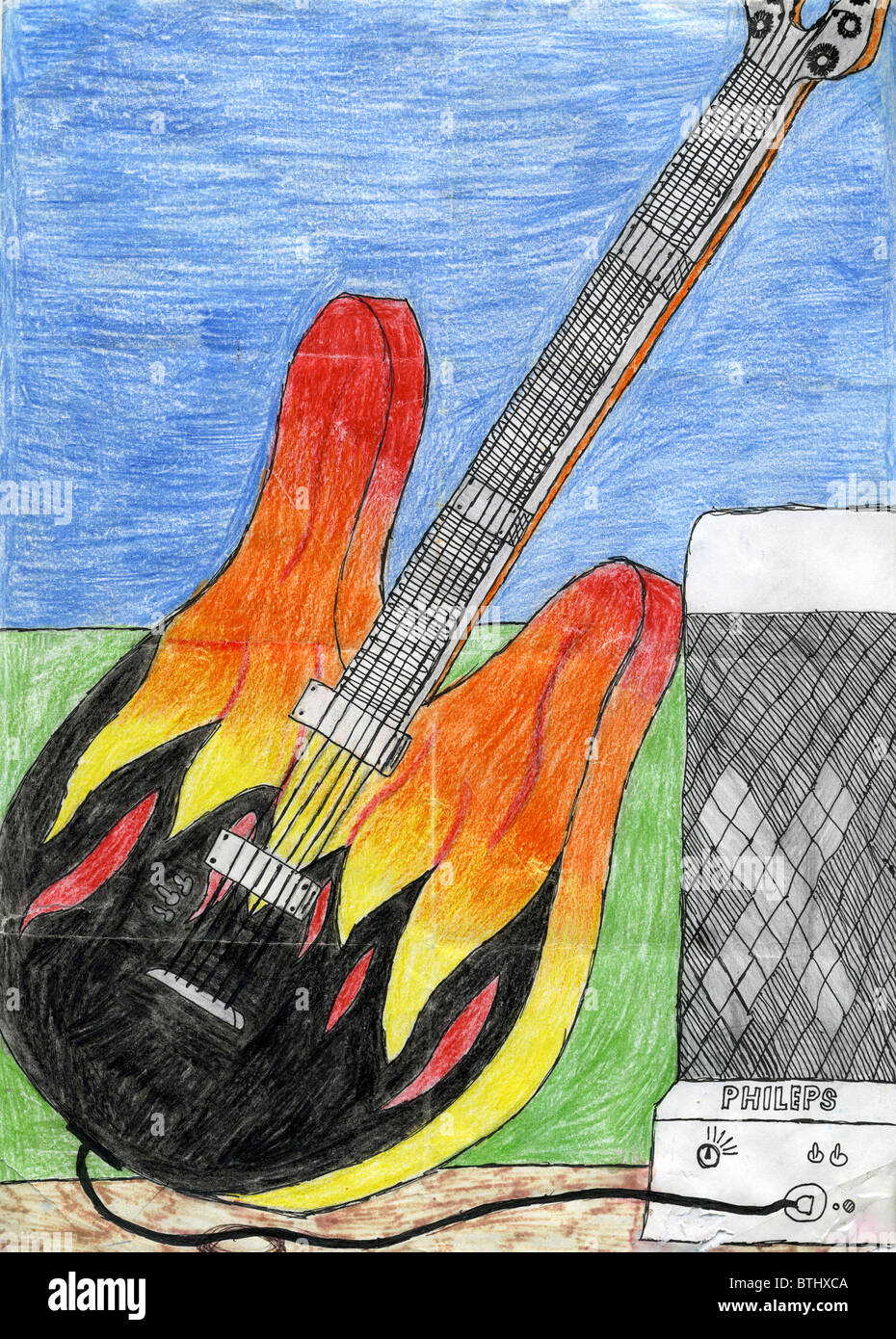 Child's drawing of electric guitar and amplifier. Made by child Stock ...