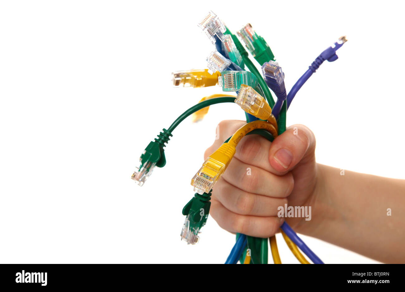 Hand Holding Colorful Internet Cables on White Isolated Background ...