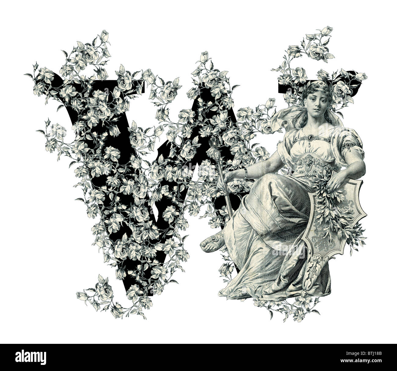 Luxuriously illustrated old capital letter W with flowers and Woman ...