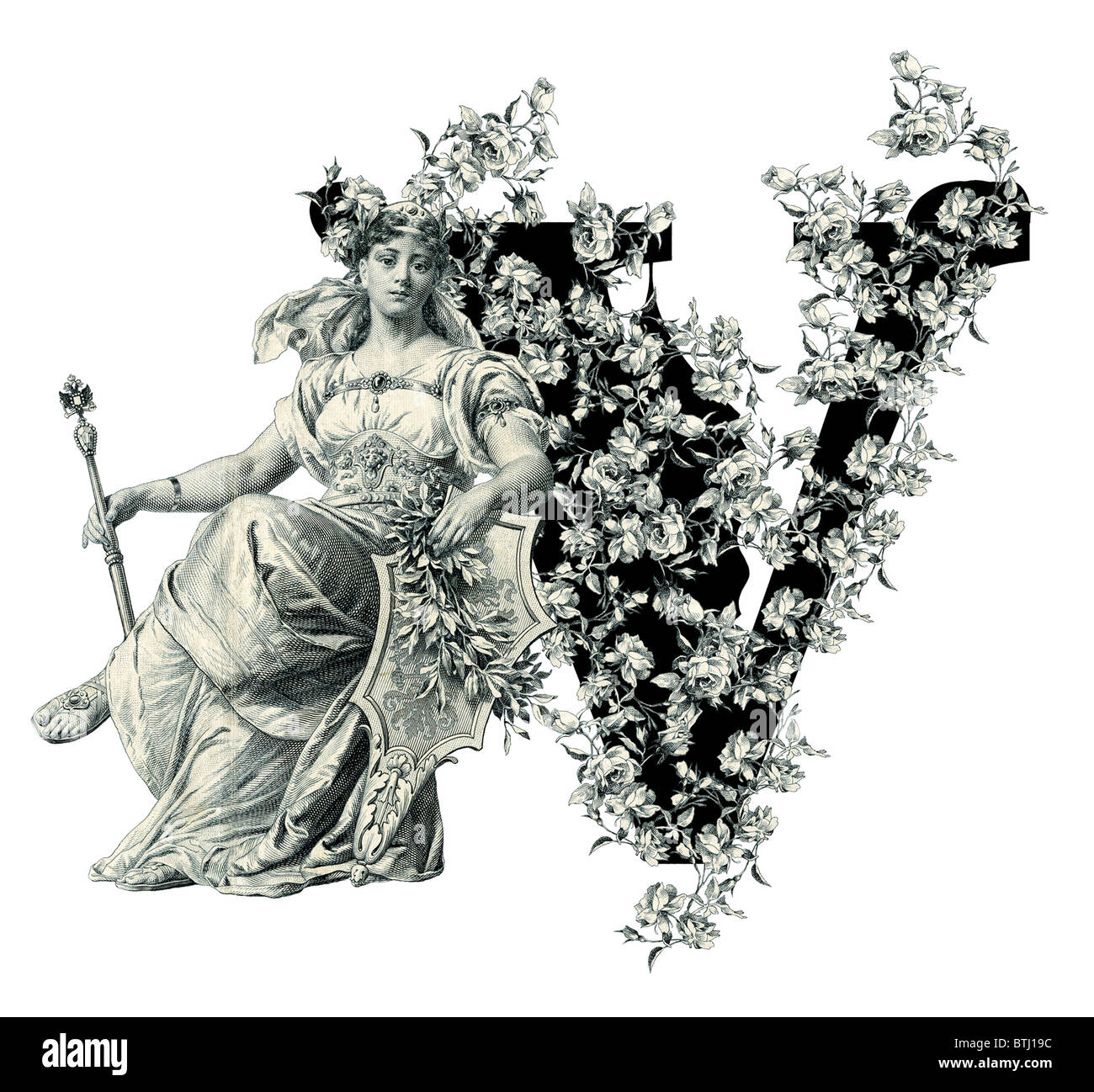 Luxuriously illustrated old capital letter V with flowers and Woman ...