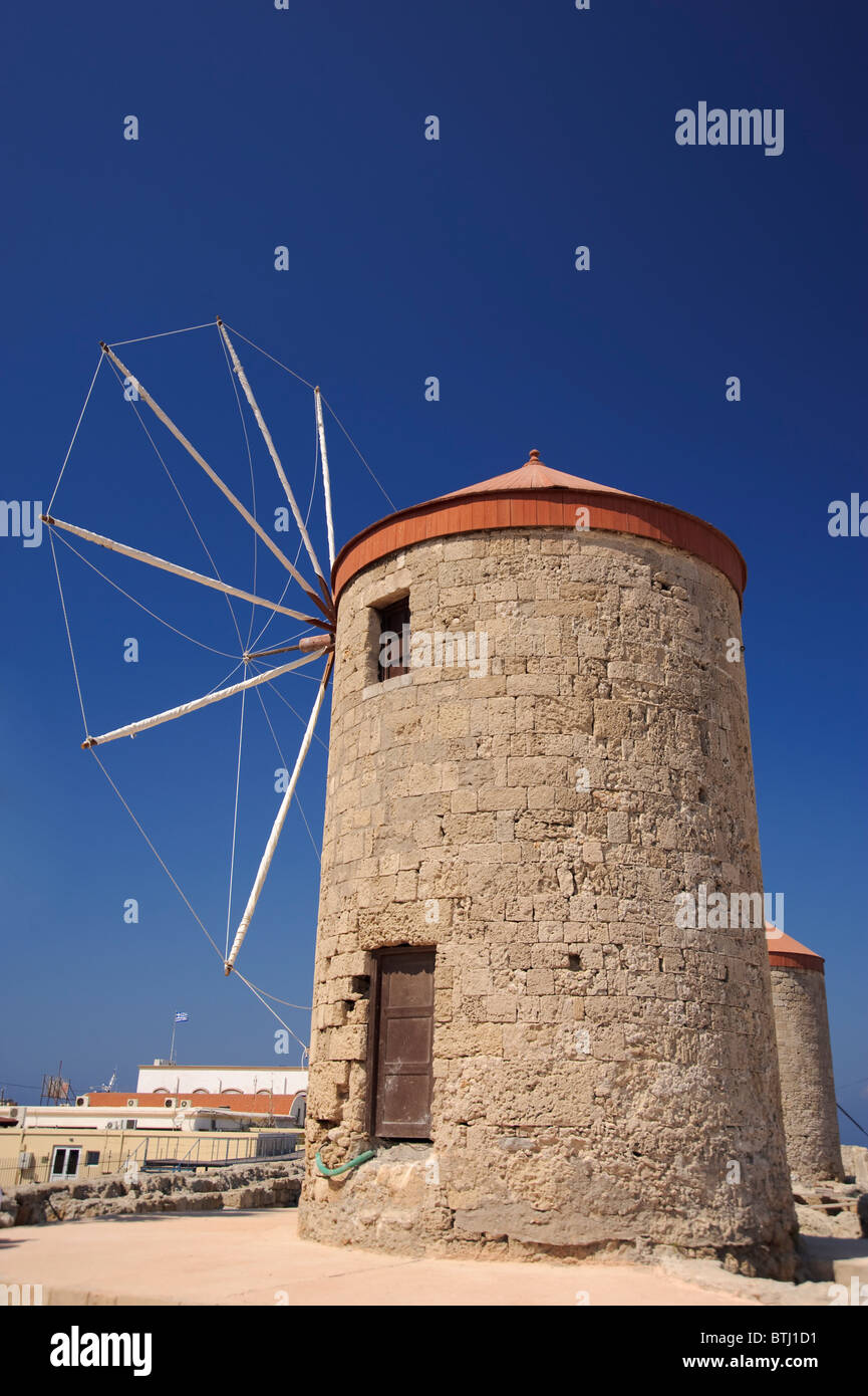 Ancient greek windmill on Rhodes with clear blue sky Stock Photo - Alamy