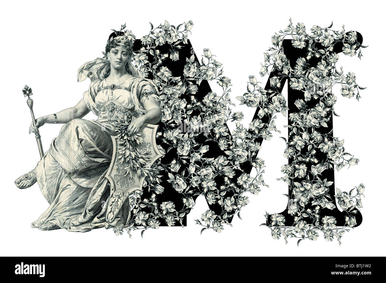 Luxuriously illustrated old capital letter M with flowers and Woman ...