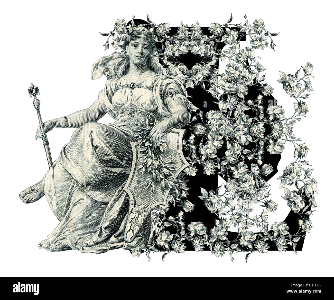 Luxuriously illustrated old capital letter L with flowers and Woman ...