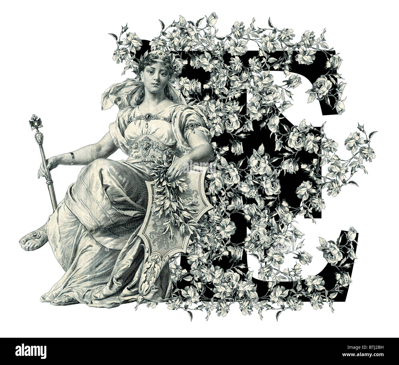 Luxuriously illustrated old capital letter E with flowers and Woman ...
