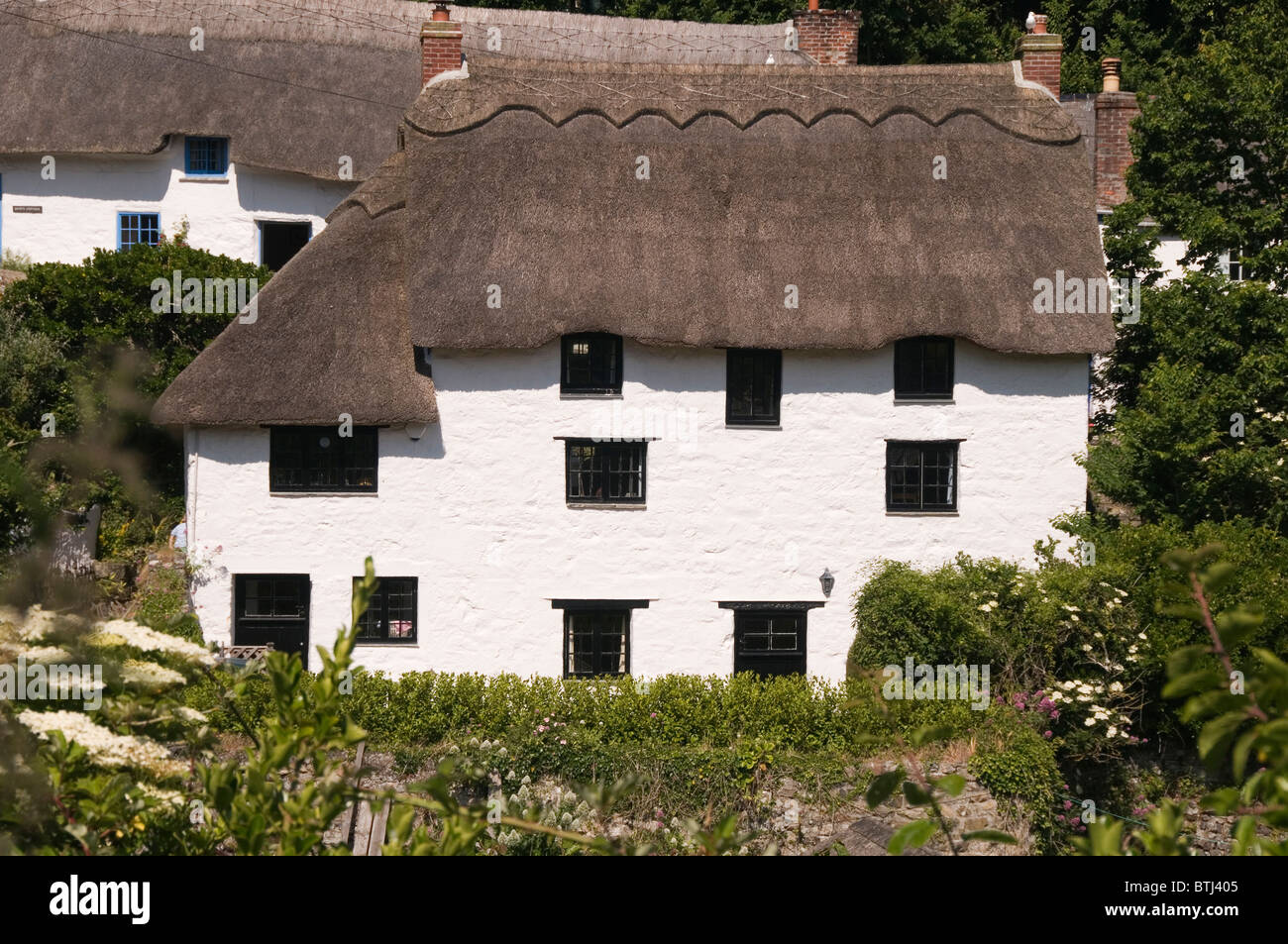 Thatched cottage at the fishing village of Cadgwith Cornwall England UK ...