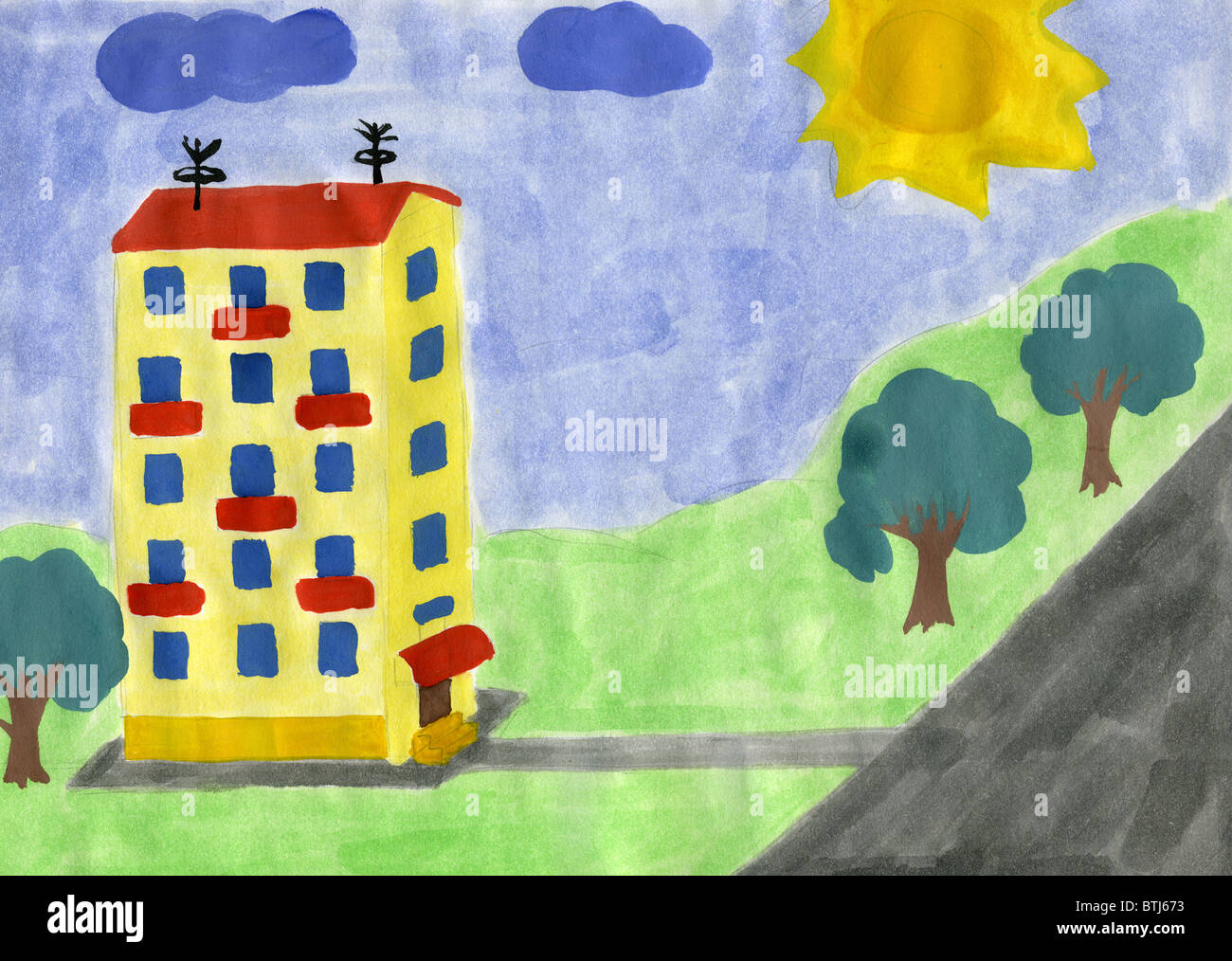 Child's drawing of yellow house. Made by child Stock Photo - Alamy