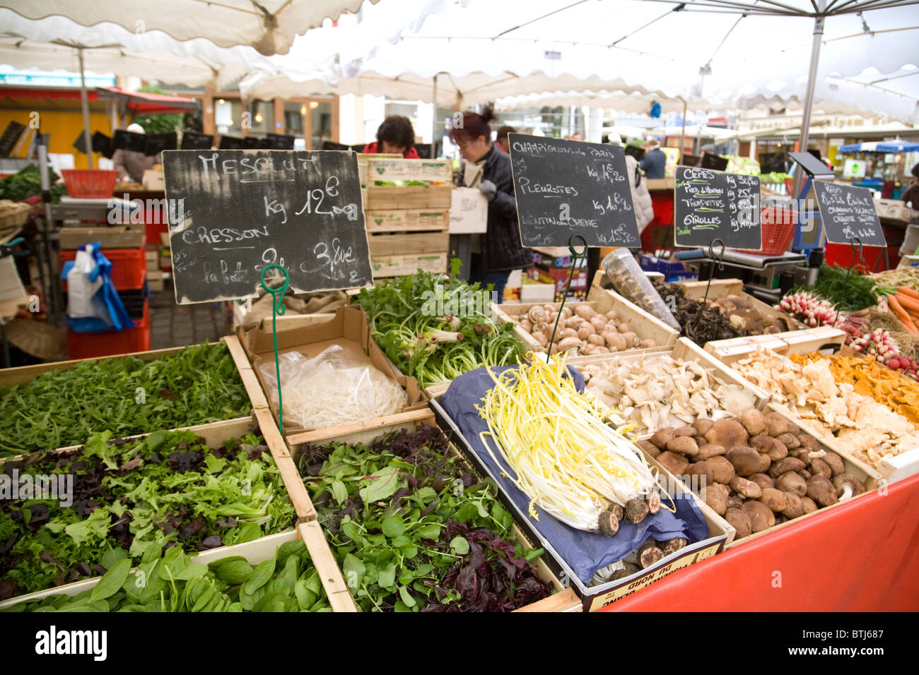 A vegetable stall at Coulommiers town market near Paris ile de france ...
