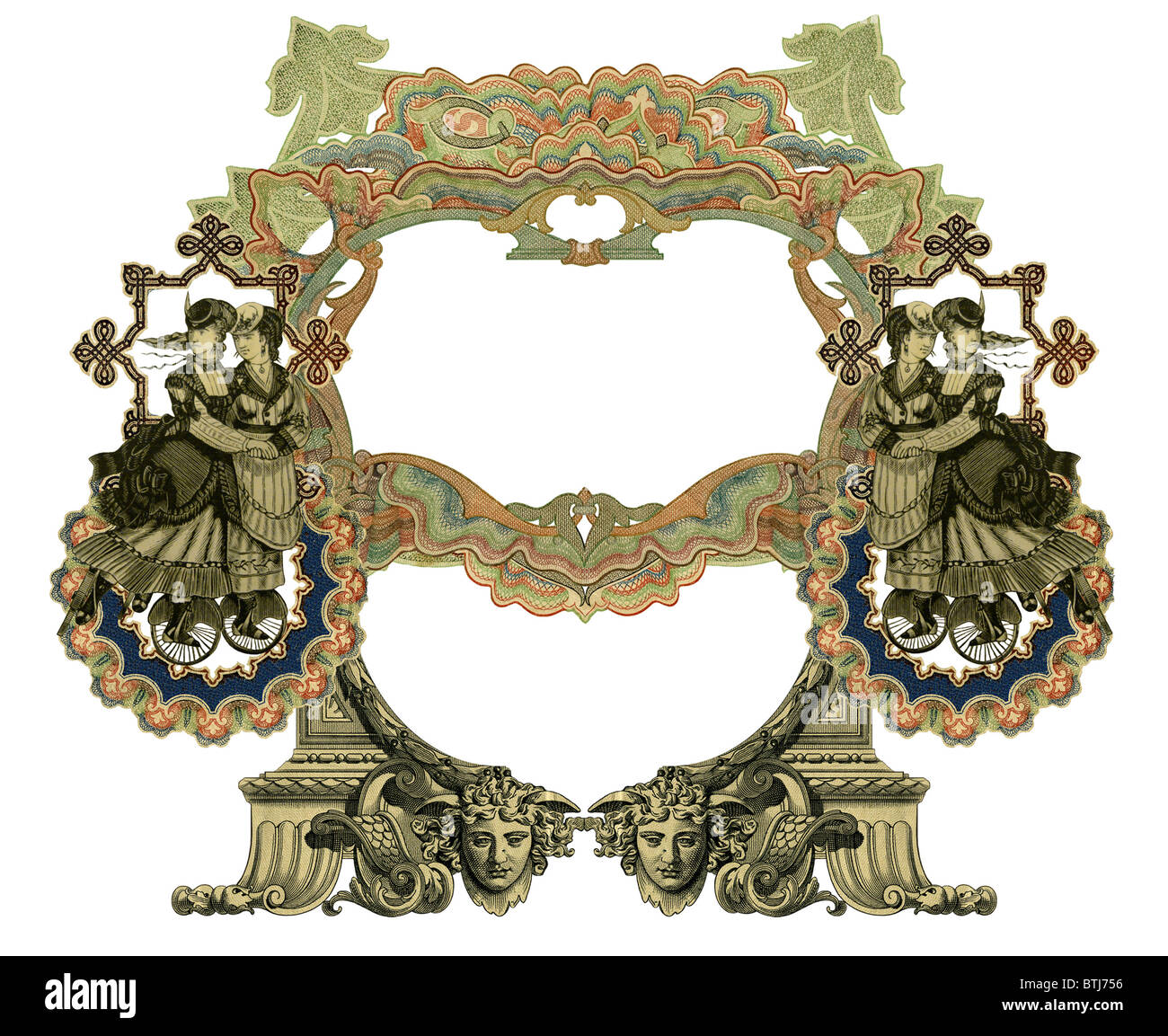 Luxuriously illustrated old victorian frame with four woman on roller ...