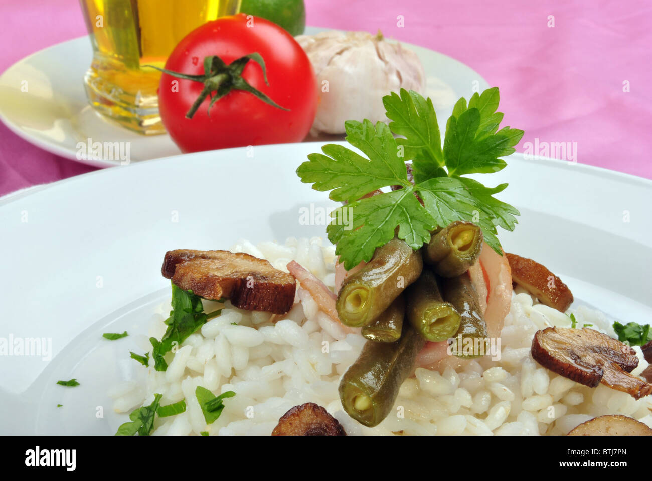 organic bean with grilled bacon and risotto rice Stock Photo - Alamy