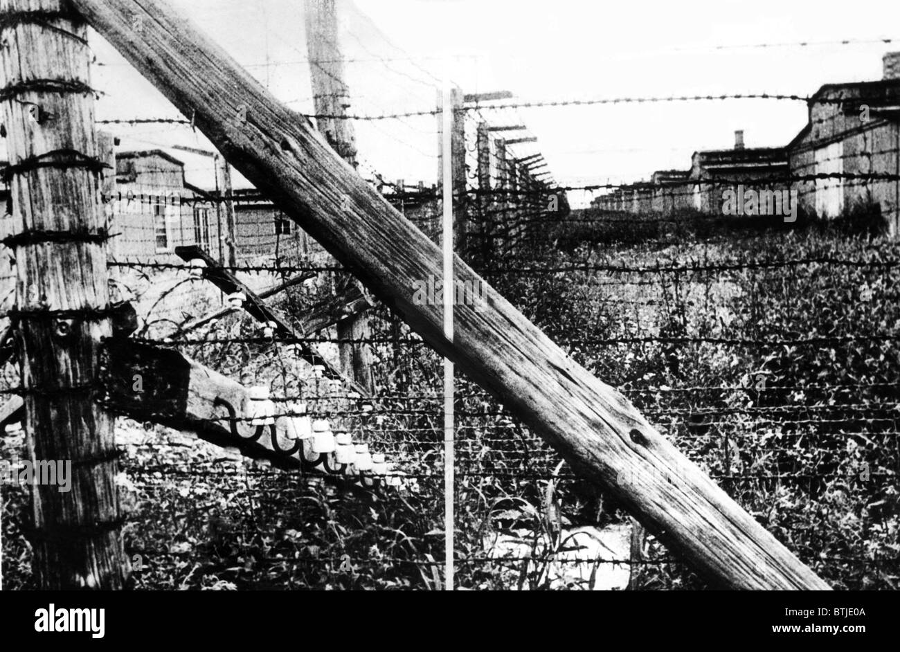 Barbed wire surrounding the barracks at a concentration camp in Lublin ...
