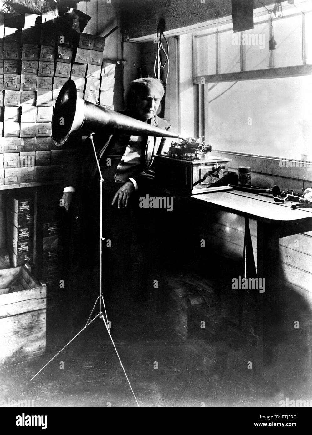 Thomas Edison with his new invention, the phonograph. Undated photo ...