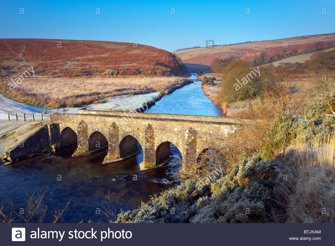 Landacre Bridge over the River Barle in winter near Withypool Exmoor ...