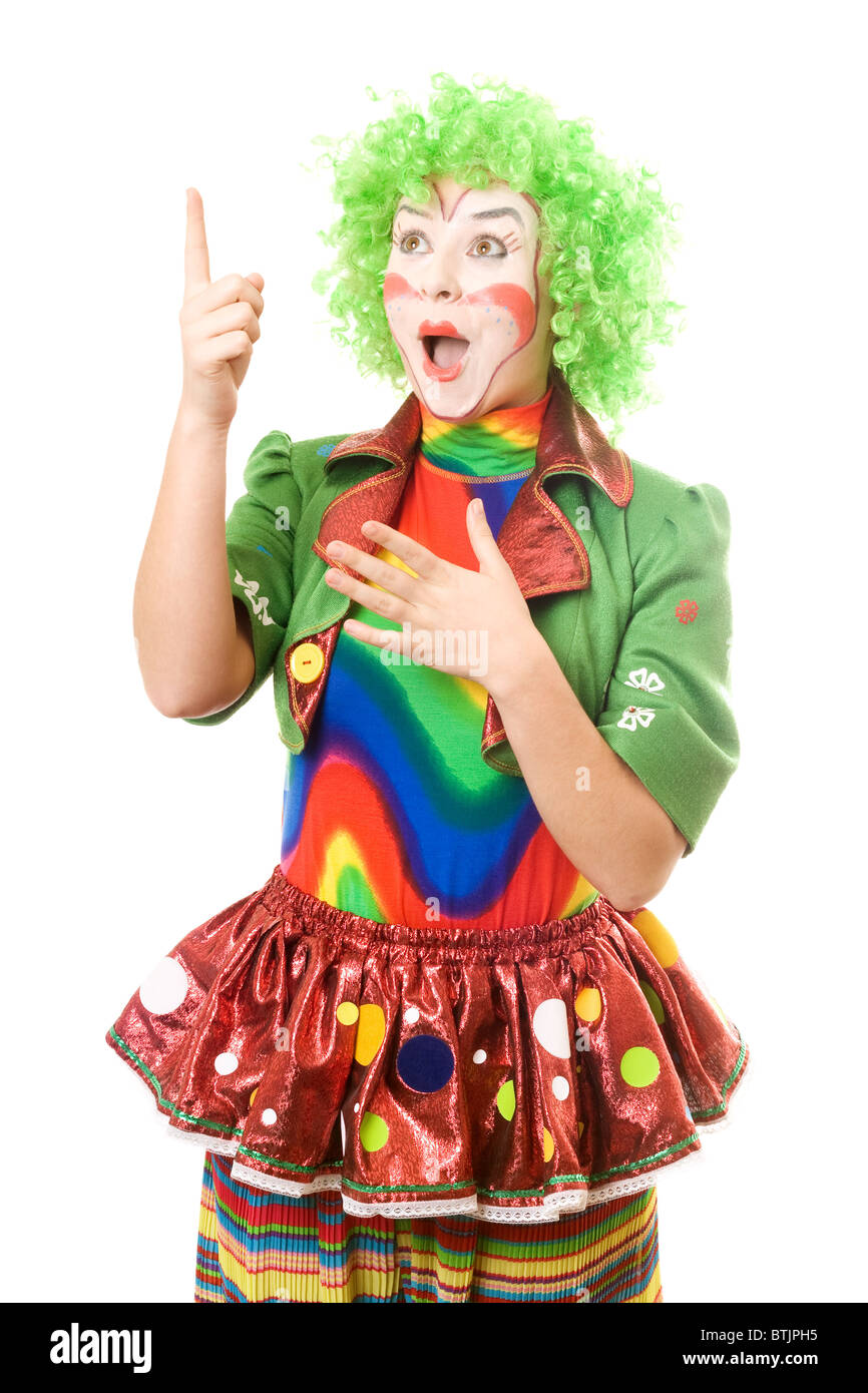 Portrait of surprised female clown. Isolated on white Stock Photo - Alamy