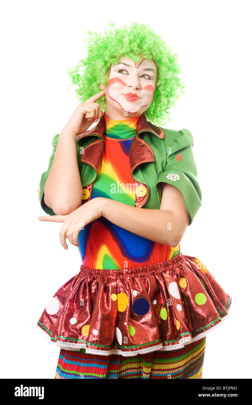 Portrait of pensive female clown. Isolated on white background Stock ...
