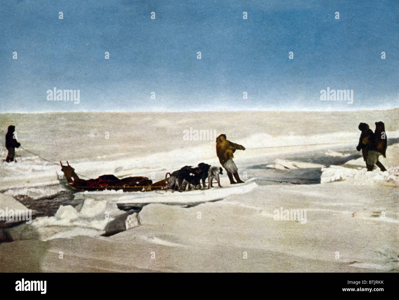 Robert Peary's successful North Pole Expedition traveling over frozen ...