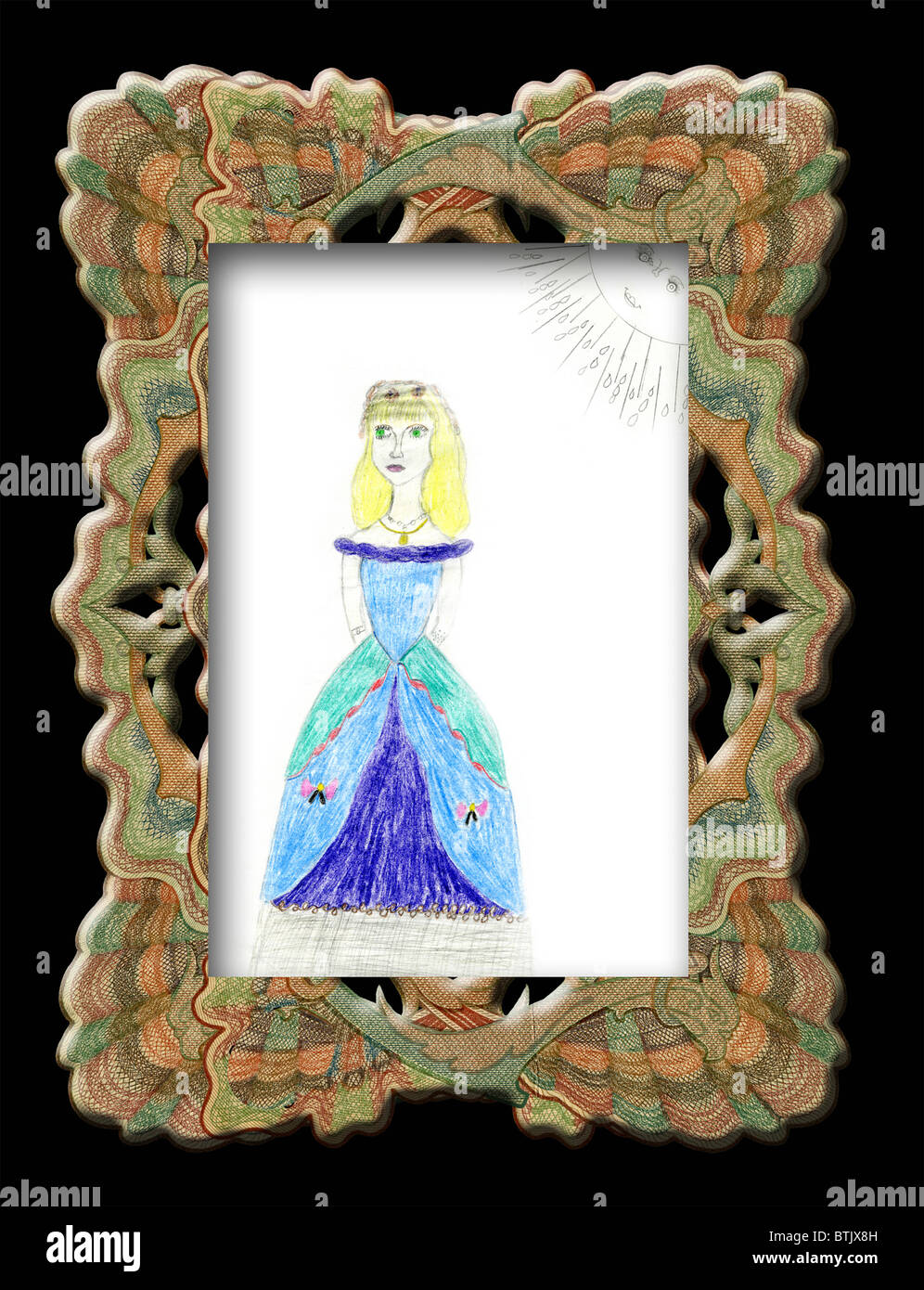 hild's drawing a girl in a long dress in elegant frame Stock Photo - Alamy