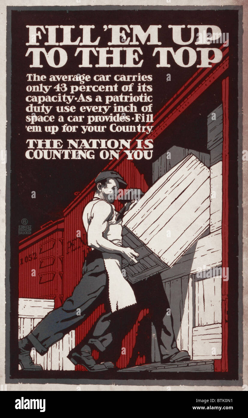World War I, Poster showing men loading crates onto a boxcar, text ...