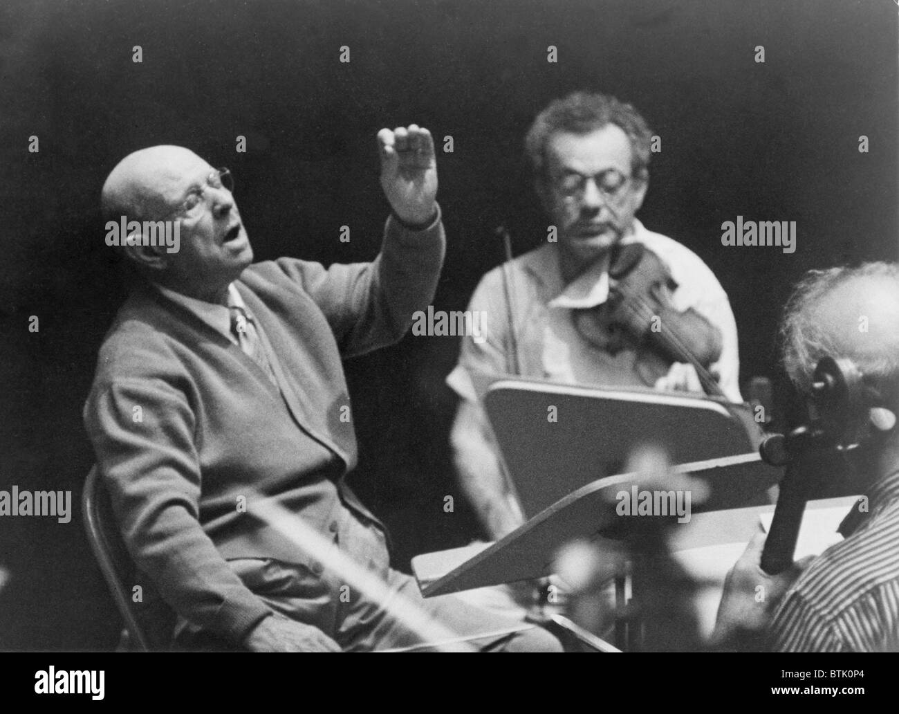 Pablo Casals (1876-1973), virtuoso cellist conducting musicians in 1960 ...
