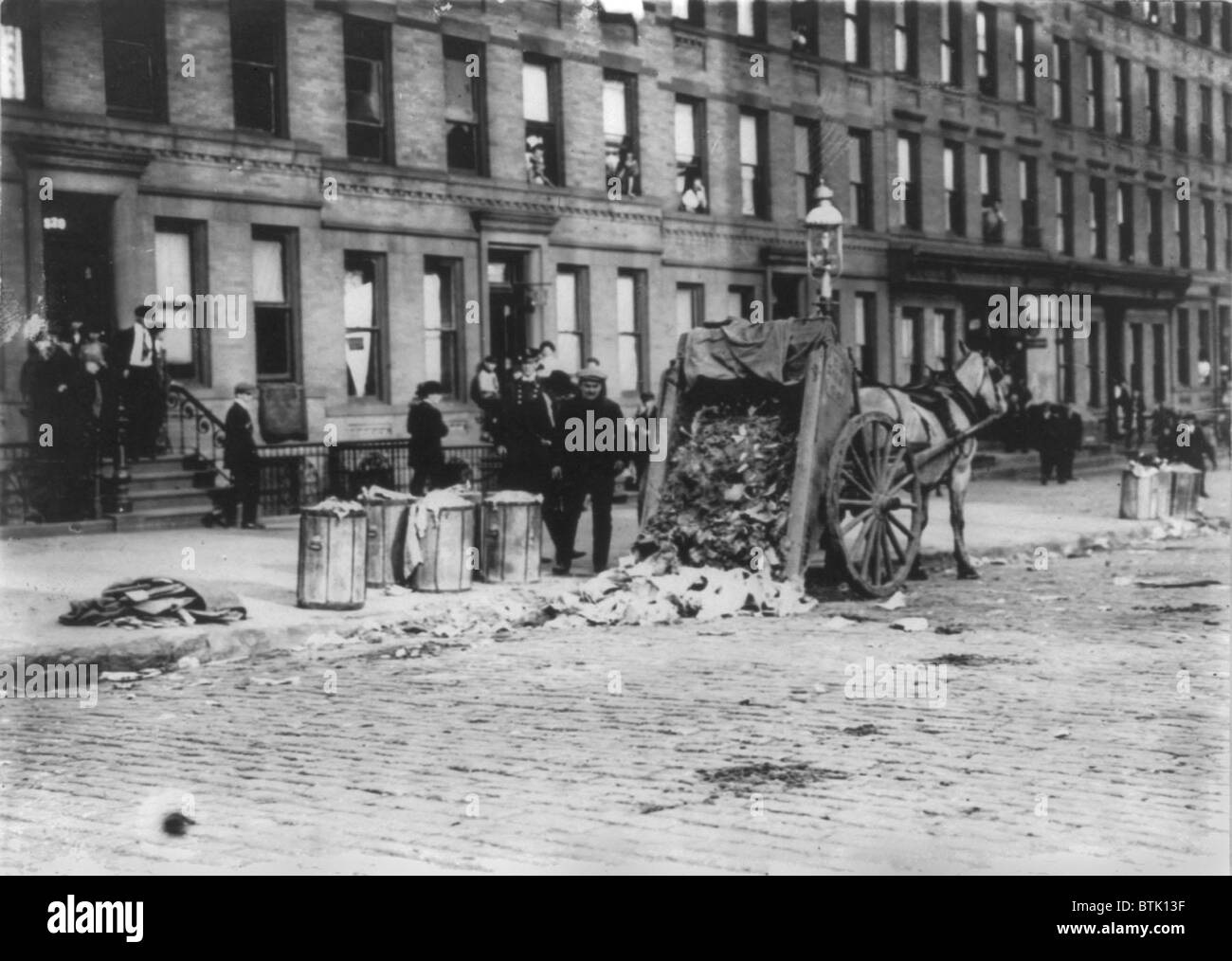 New York City, garbage collector's strike, horse-drawn garbage cart ...