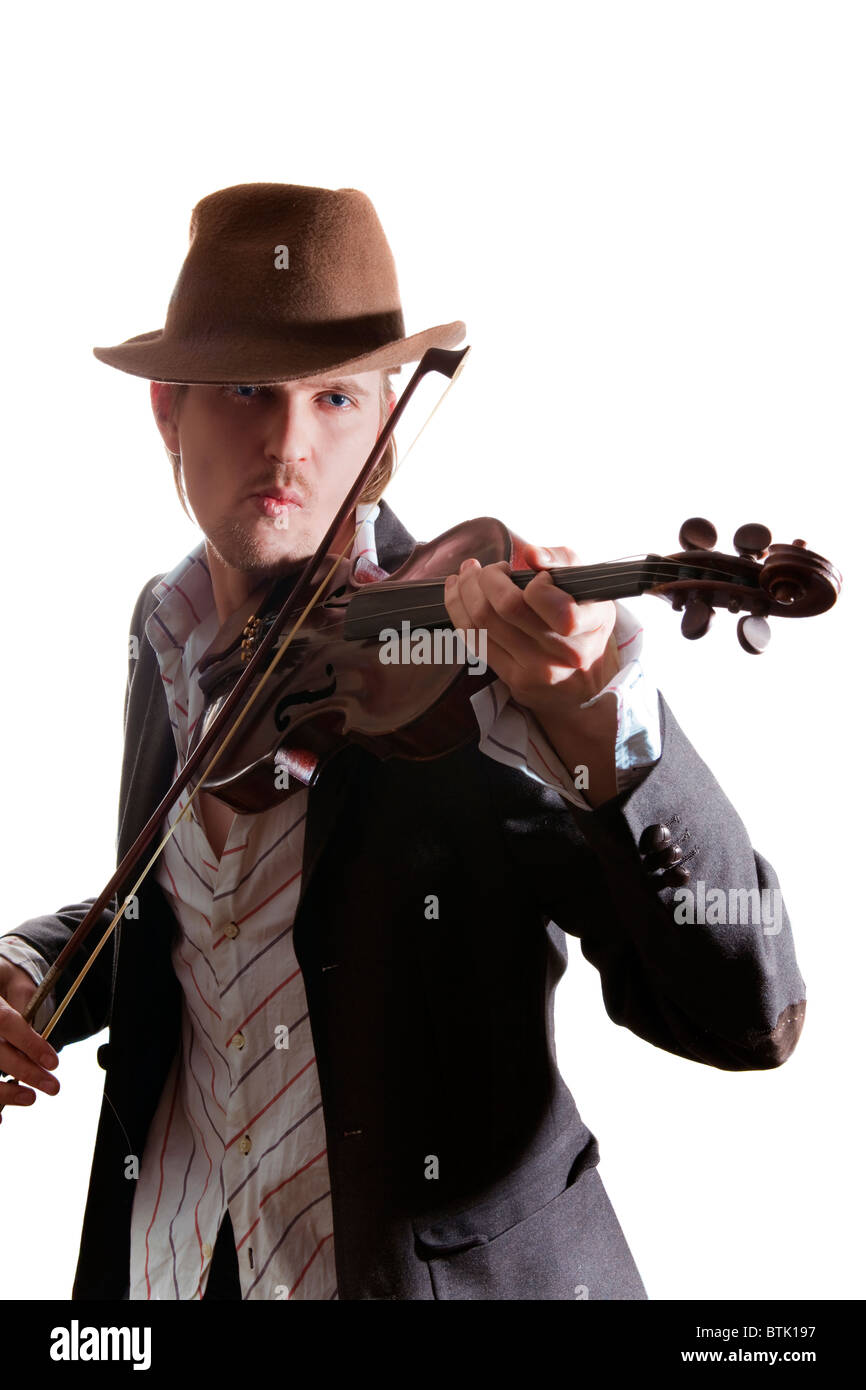 young violinist playing the violin in hat and jacket isolated on white ...