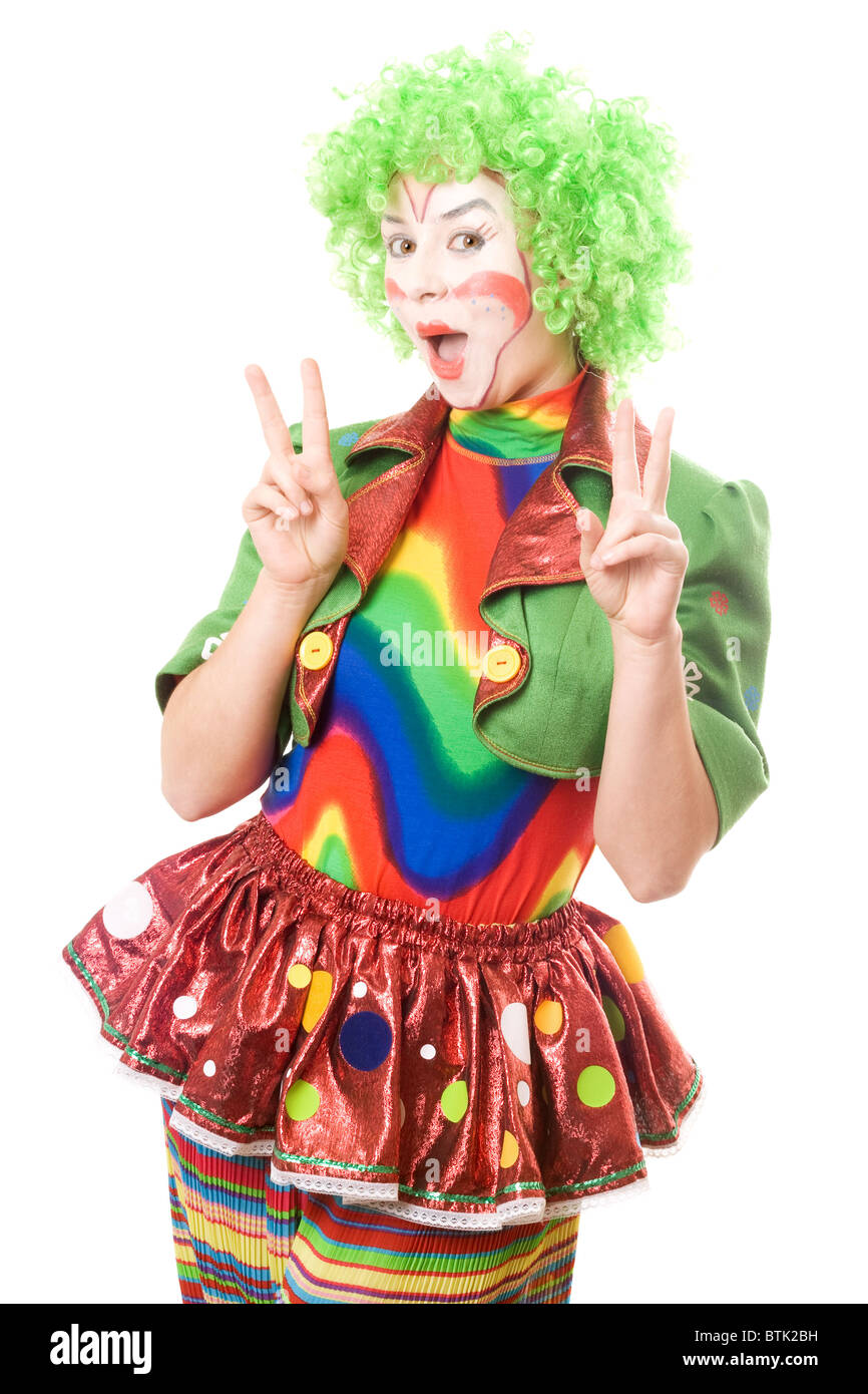Portrait of happy female clown. Isolated on white background Stock ...