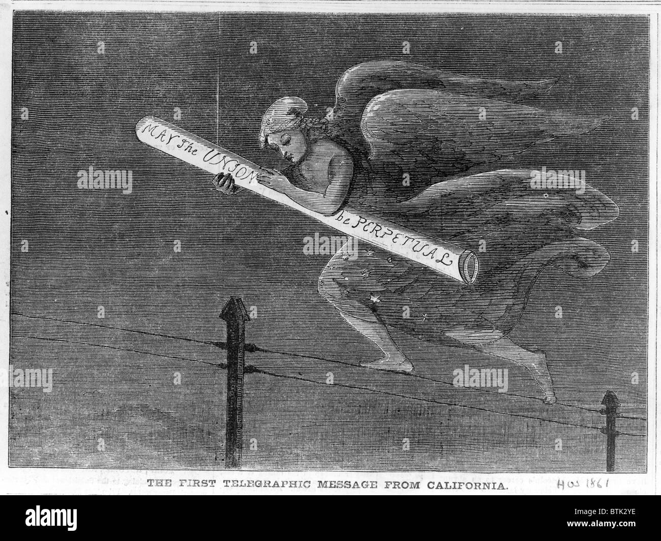 Telegraph. Woodcut of the first transcontinental telegraphic message ...