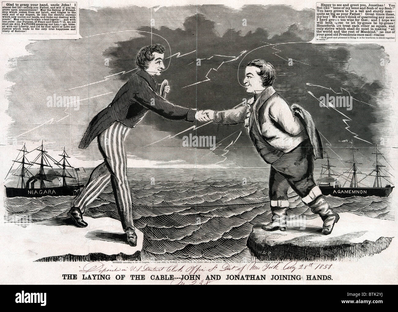 Telegraph. Woodcut of the first transatlantic telegraphic message ...