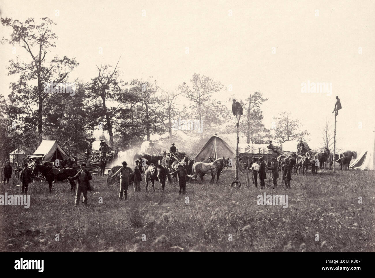 The Civil War. U.S. Military telegraph construction corps hanging a ...