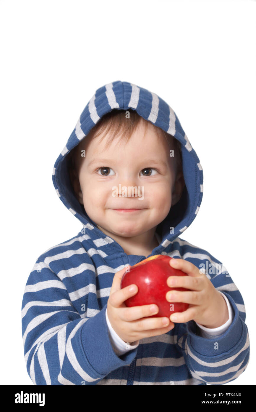 laughing baby with red apple Stock Photo - Alamy