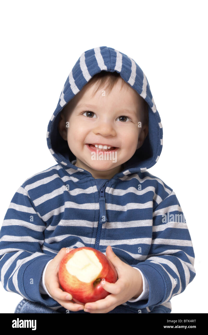 laughing baby with red apple Stock Photo - Alamy