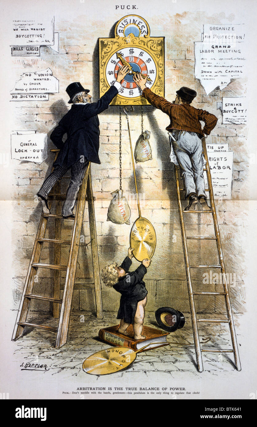 Labor movement. Editorial cartoon illustratin the struggle between ...