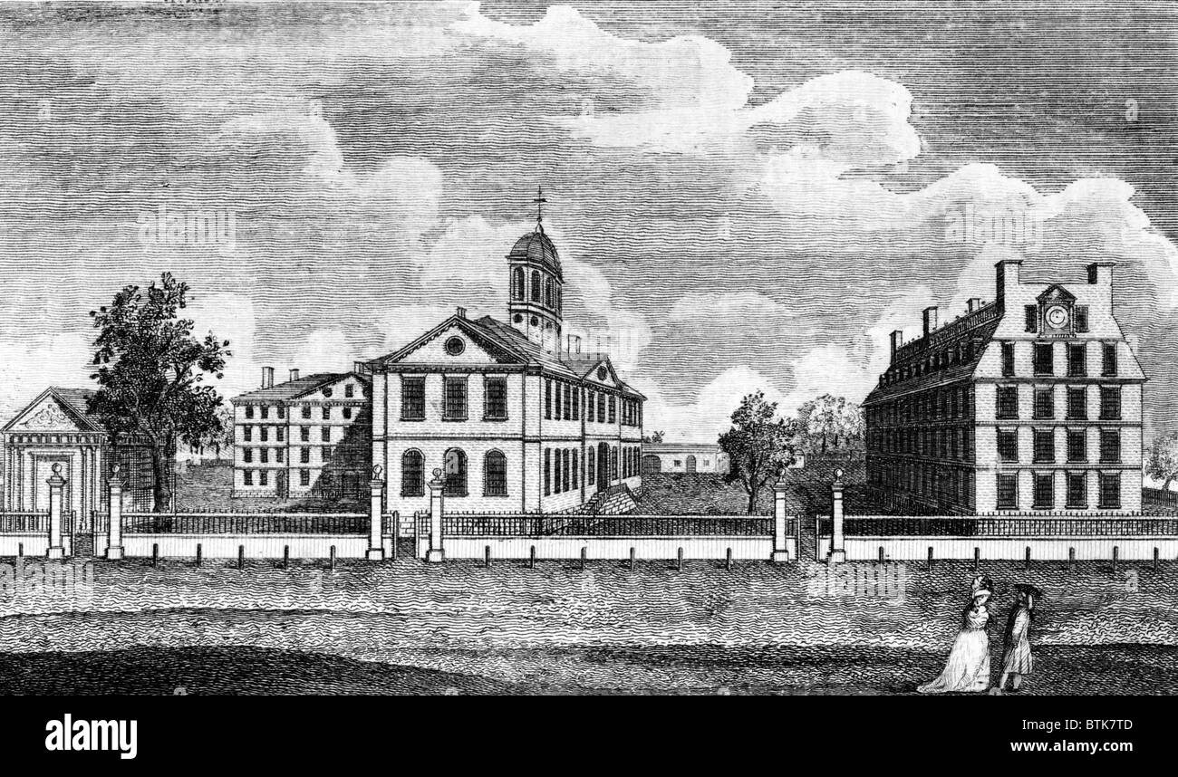 Harvard College, ca. 1767. From left are Holden Chapel, Hollis Hall ...