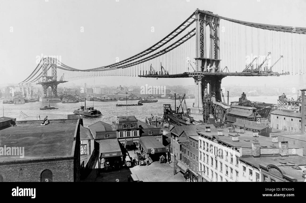 Manhattan Bridge under construction in 1909. The bridge spanned the ...